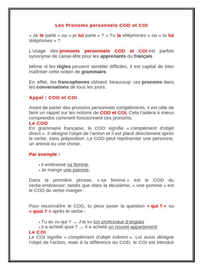 Pronoms Personnels COD Et COI | PDF | Complément d'objet | Pronom