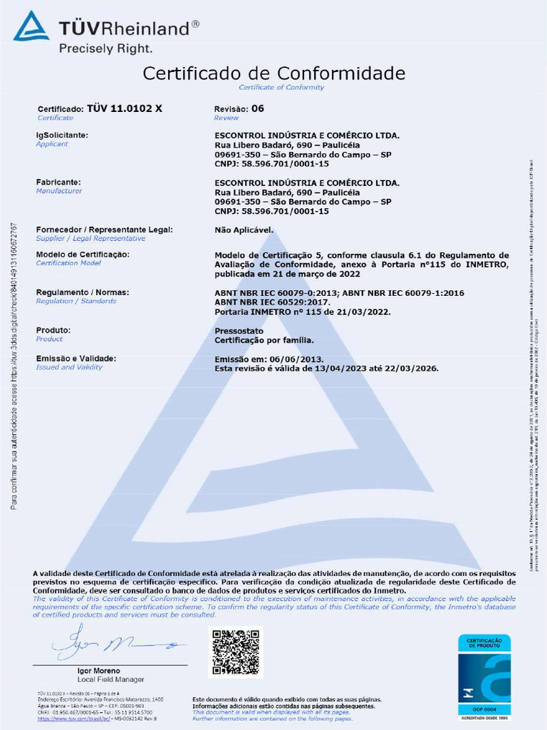 Certificado TÜV 11 0102X - ESCONTROL | PDF