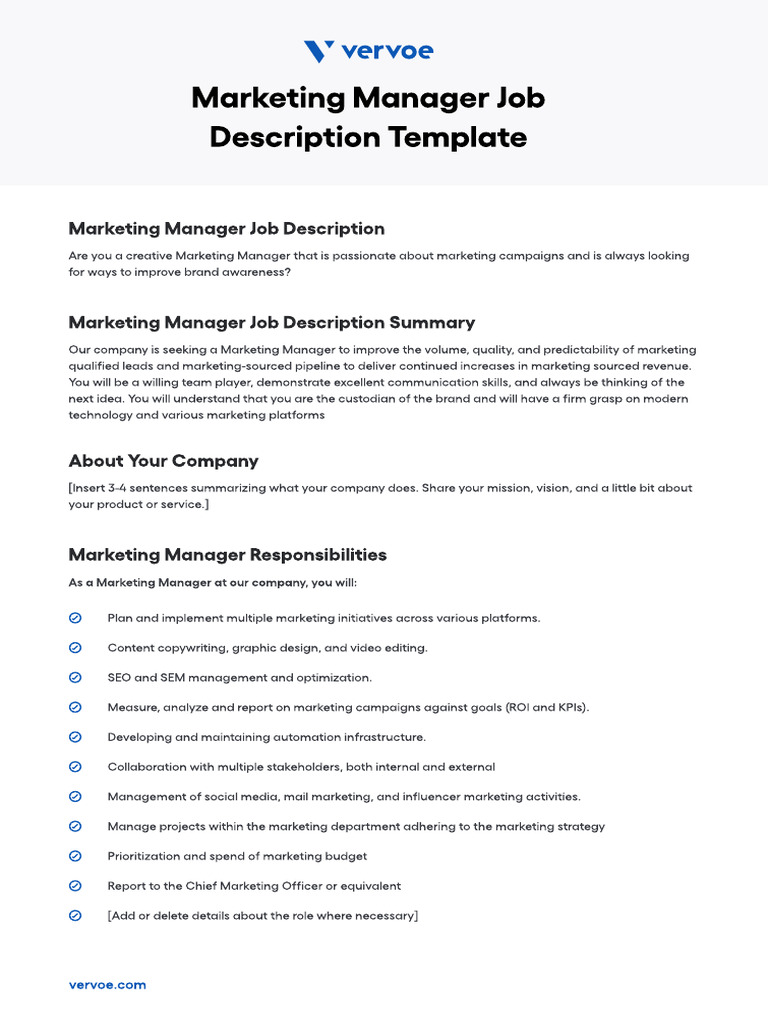 Marketing Manager Job Description Sample | PDF | Marketing | Brand