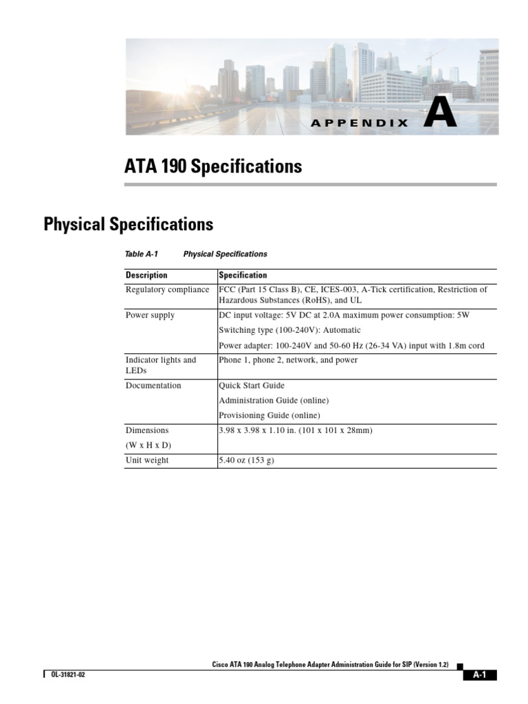 Cisco ATA 190 Specifications Overview | PDF | Session Initiation ...