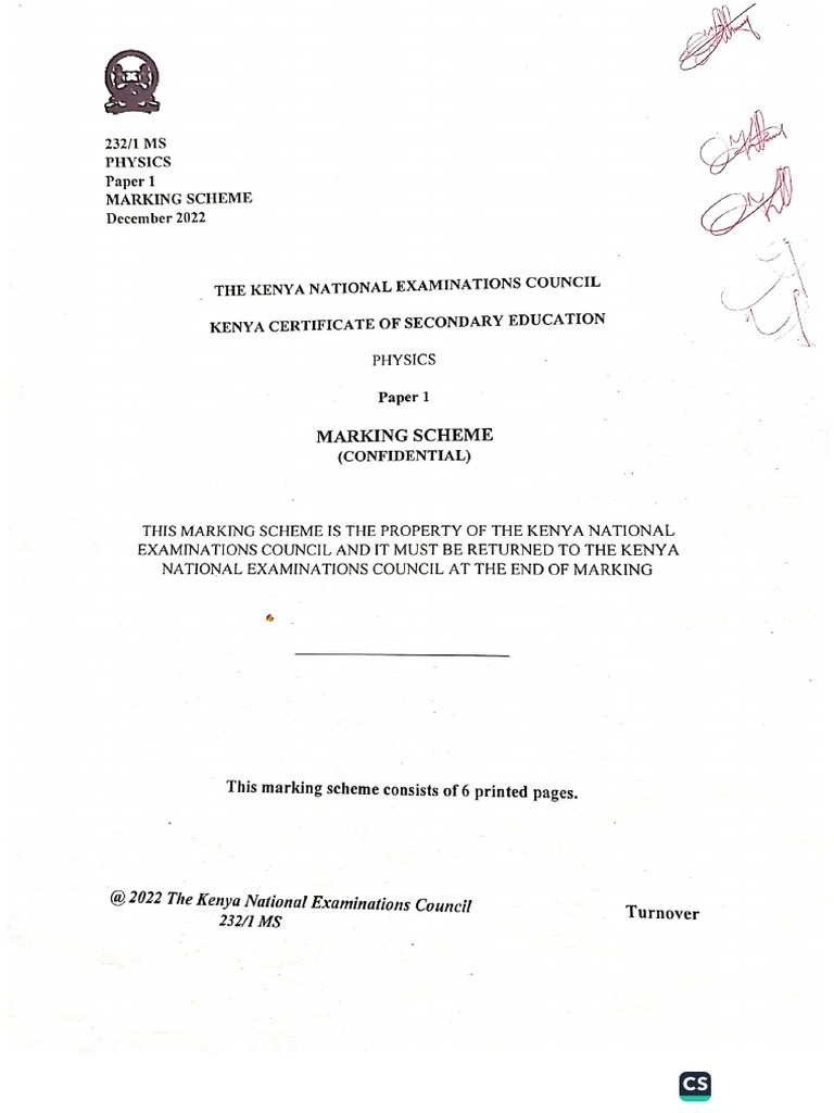 Kcse 2022 Phy Pp1 Ms | PDF