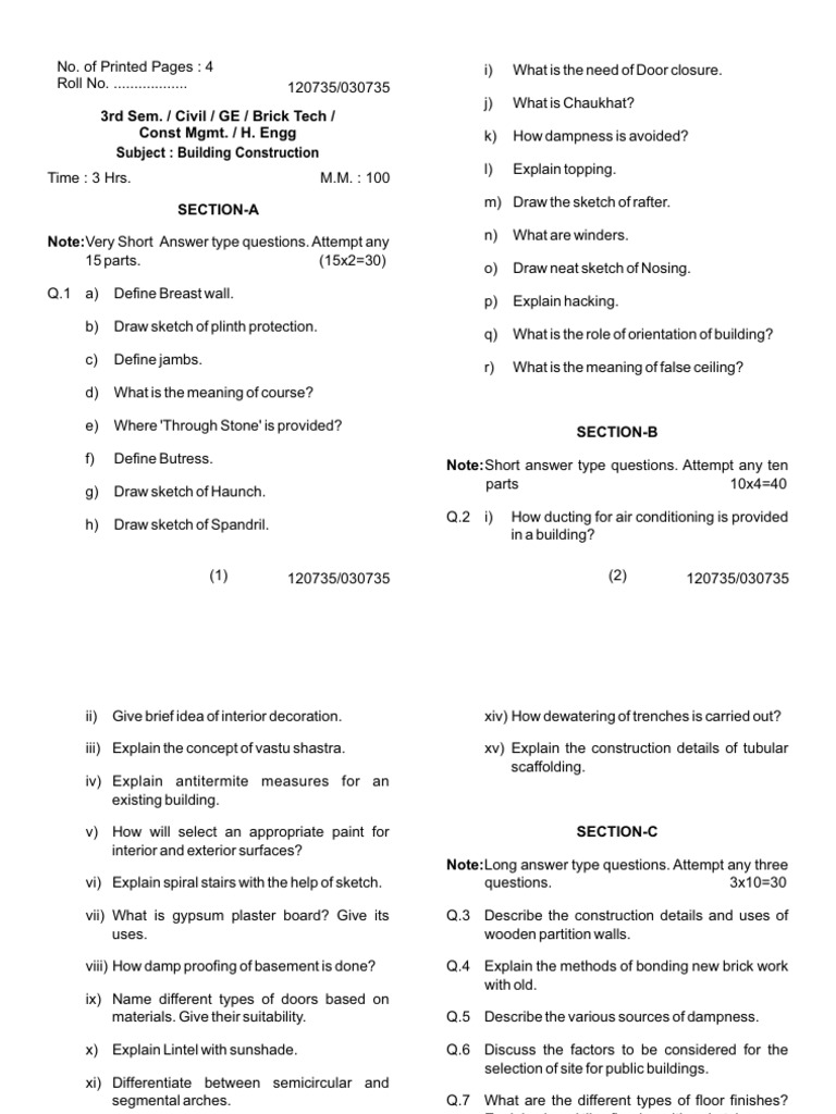 Civil Ge 3 Sem Building Construction 120735 May 2018 | PDF | Masonry ...