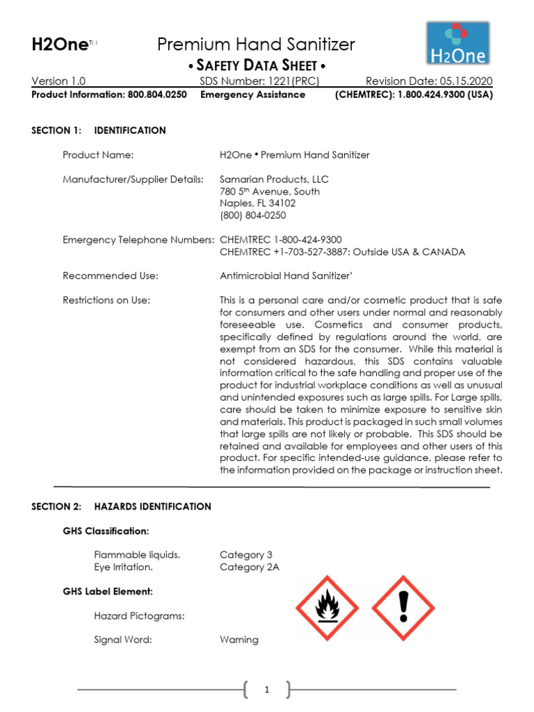 H2One Hand Sanitizer Safety Data Sheet | PDF | Occupational Safety And ...