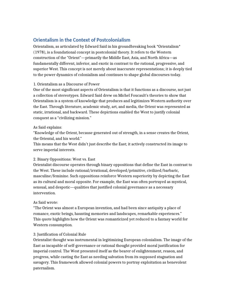 Orientalism Postcolonialism Note | PDF | Orientalism (Book) | Postcolonialism