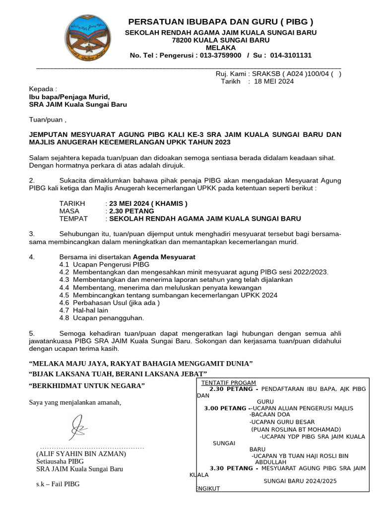 Surat Jemputan Mesyuarat Agong Pibg Kali-2 | PDF