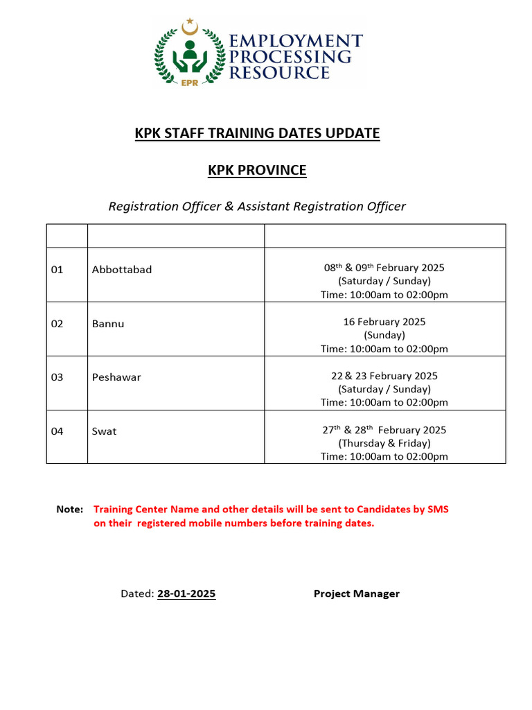 KPK Staff Training Dates Update KPK Province: Registration Officer ...