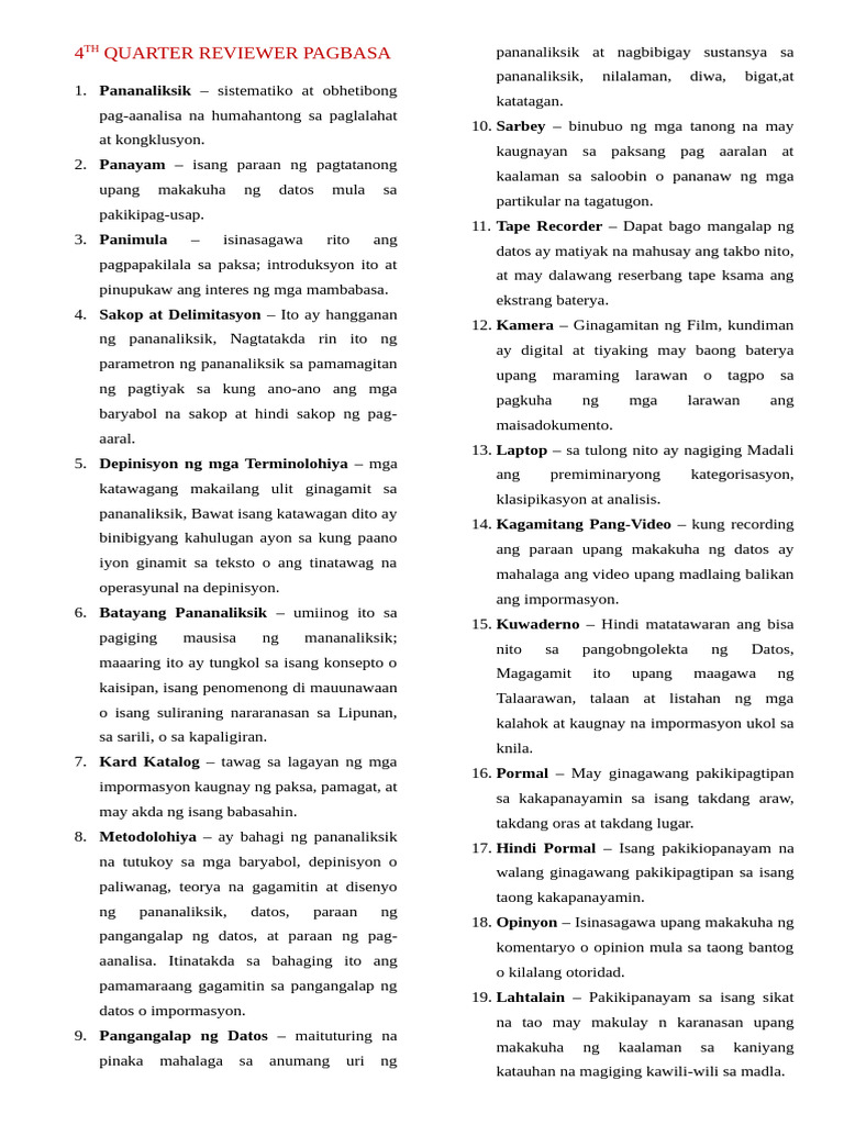 4th Quarter Reviewer Pagbasa | PDF