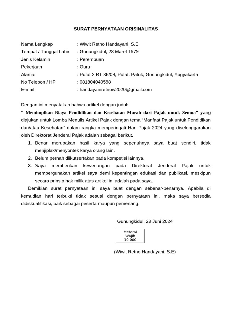 Surat Pernyataan Orisinalitas Wiwit Handayani | PDF