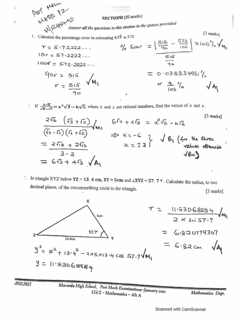 Maranda 2021 Form 4 Maths Pp2 Post Mock Ms | PDF