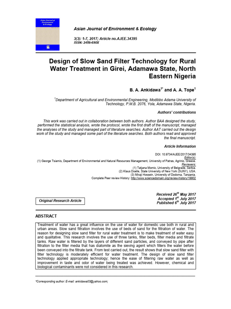 Design of Slow Sand Filter Technology Fo | PDF | Filtration | Water ...