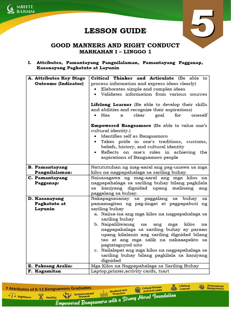 Lesson Guide: Good Manners and Right Conduct | PDF