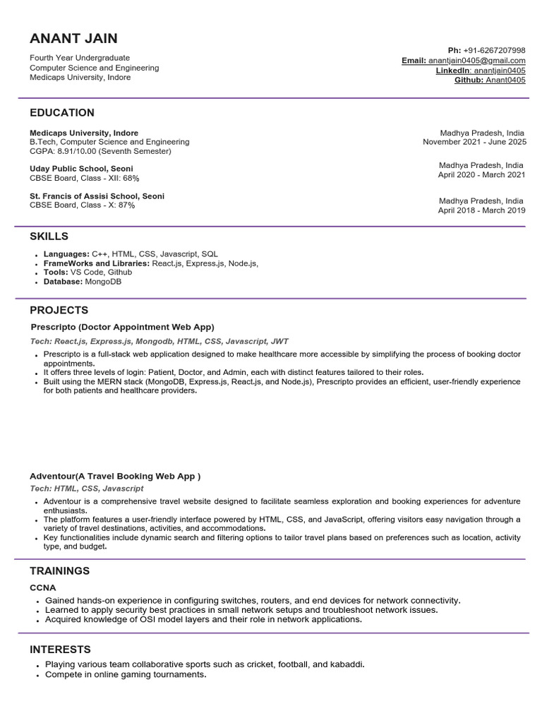 Purple and White Clean and Professional Resume | PDF | Java Script | Web Application