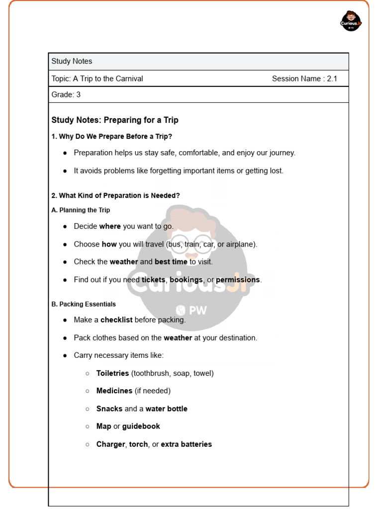 Study Notes Grade 3A Trip To The Carnival - 2.1 | PDF