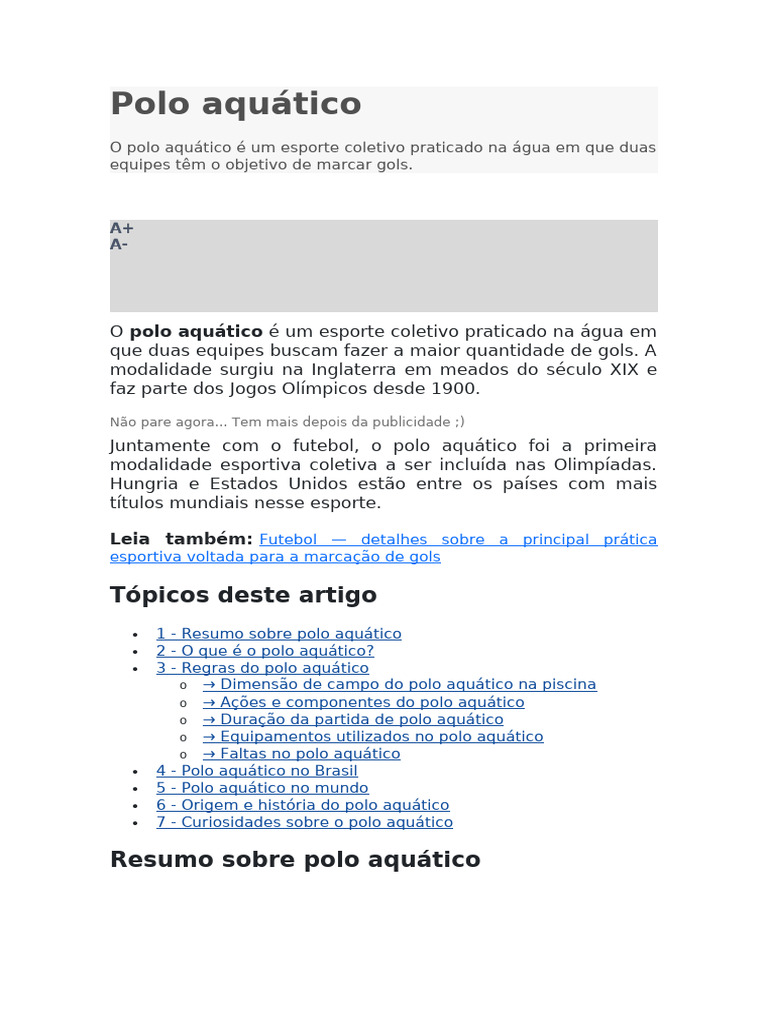 Polo Aquático: Regras e Equipamentos | PDF | Futebol | Jogos Olímpicos