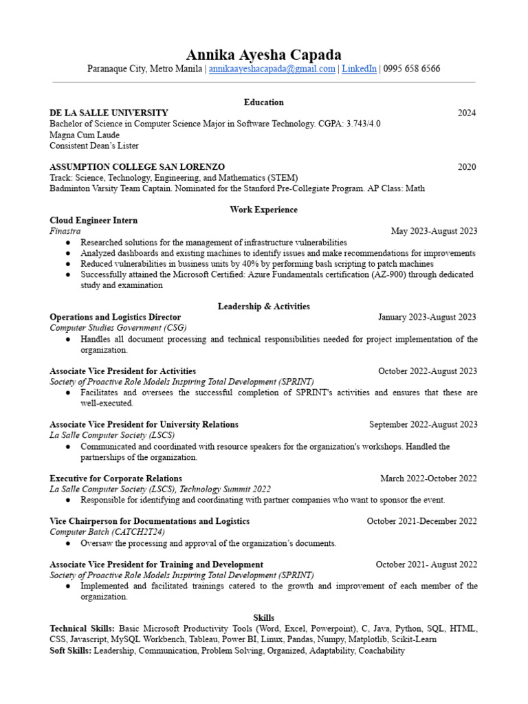 Resume - Capada, Annika Ayesha | PDF | Computing | Software Engineering