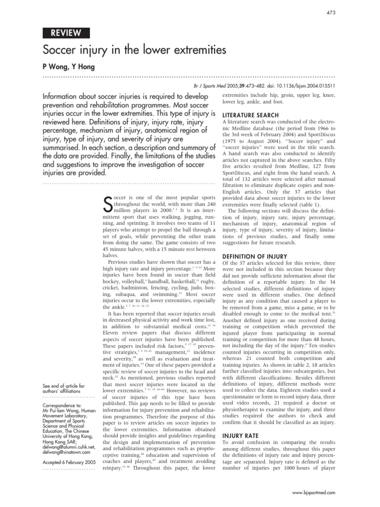 Soccer Lower Extremity Injury Review | PDF | Human Leg | Association ...