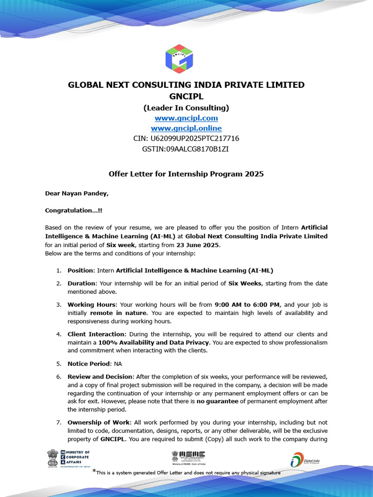 Nayan Pandey Offer Letter Gncipl | PDF | Non Disclosure Agreement