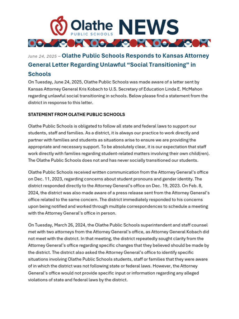 Olathe Schools Address AG's Social Transitioning Concerns | PDF | Kris ...