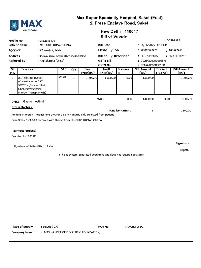 Max Hospital Bill for Shiv Kumar Gupta | PDF