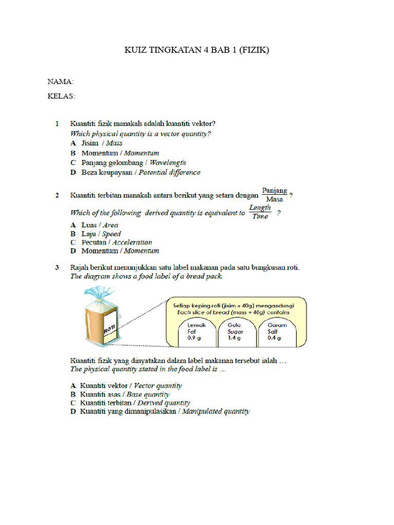 Kuiz Tingkatan 4 Bab 1 | PDF