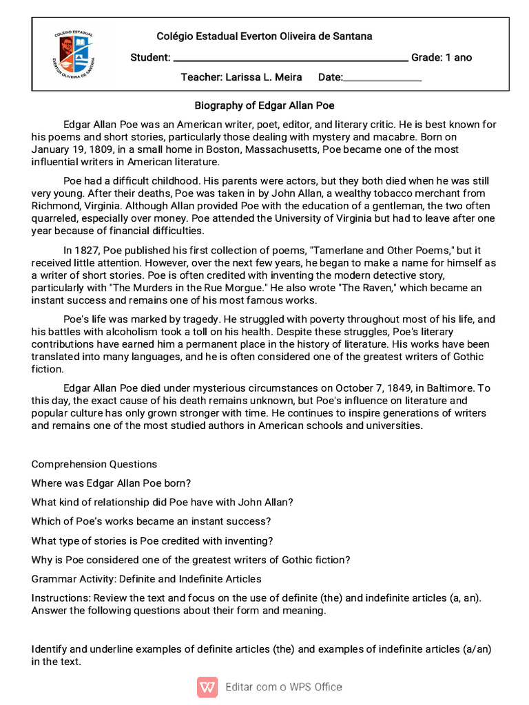 Atividade 1 Ano Edgar Allan Poe Define and Indefinite Article | PDF ...