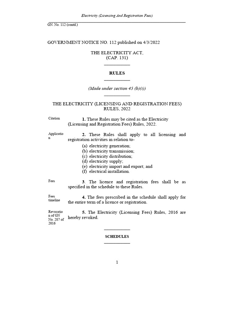 The Electricity Licensing and Registration Fees Rules 2021 GN 112 | PDF ...