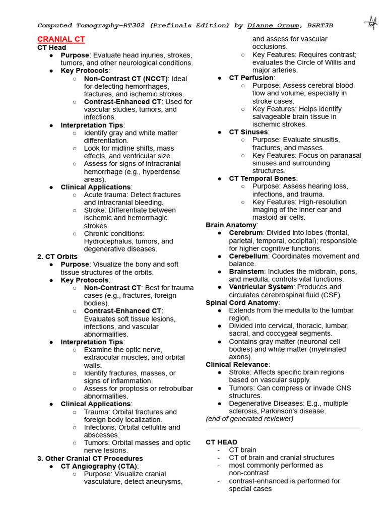 RT302 (Generated Cranial CT Reviewer) | PDF | Central Nervous System ...