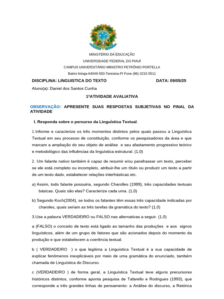 Plataforma LT - Atividade Avaliativa 1-09-05-25 | PDF | Linguística | Discurso