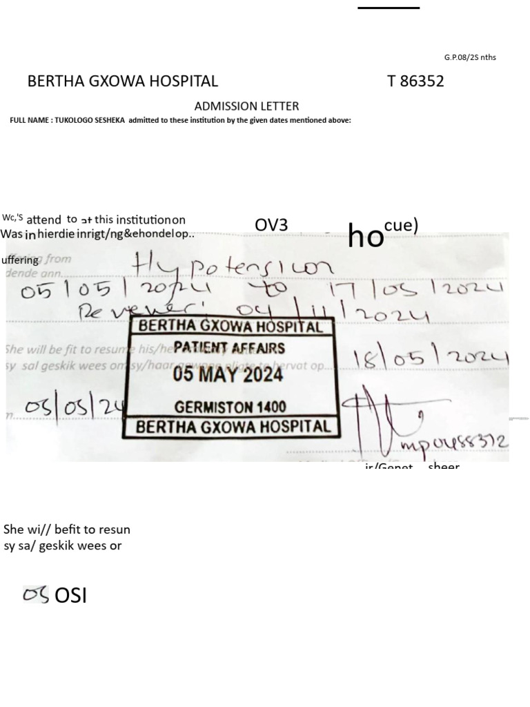 Bertha Gxowa Hospital Admission Letter | PDF