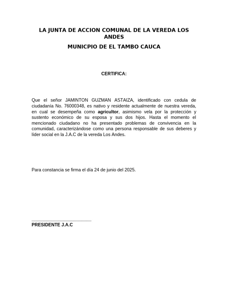 Carta de Recomendacion La Junta de Accion Comunal de La Vereda Los Andes | PDF