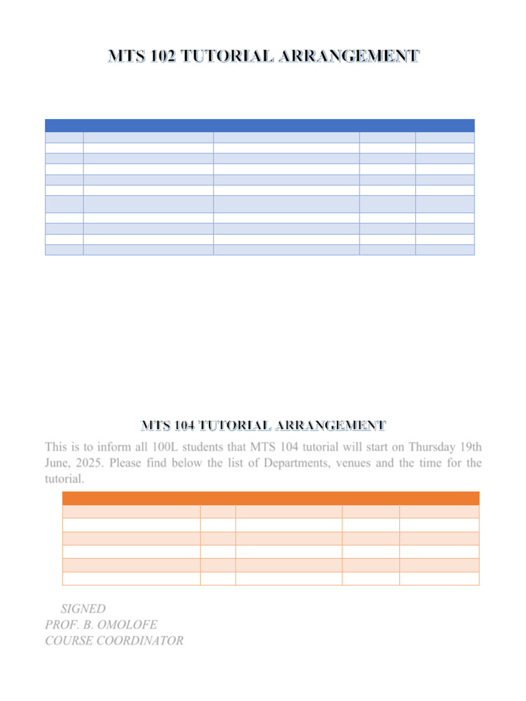 2025 MTS Tutorial Schedule for 100L & 200L | PDF