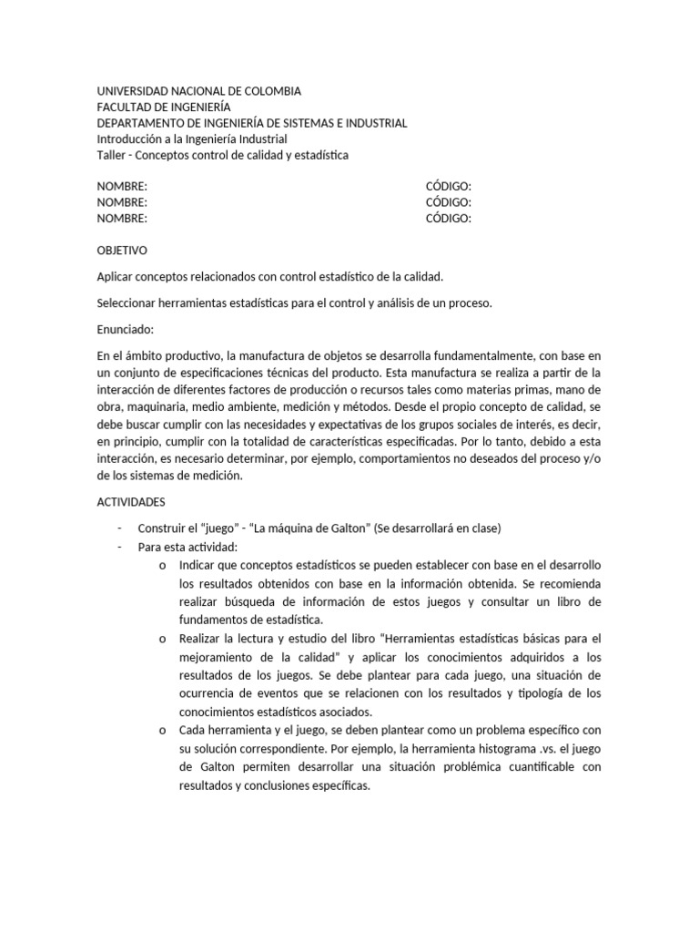 Taller sobre la Máquina de Galton | PDF | Estadísticas | Calidad ...