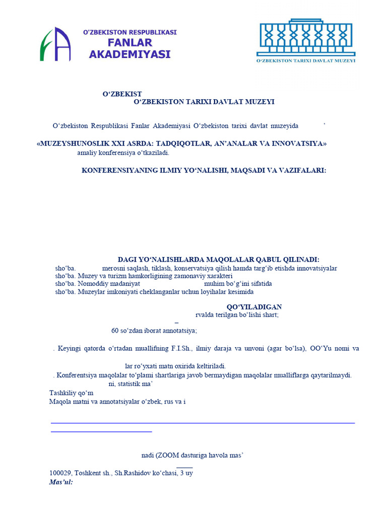 Tarix Muzeyi Xalqaro Konferensiya AXBOROT XATI Uzbek, Rus, English | PDF