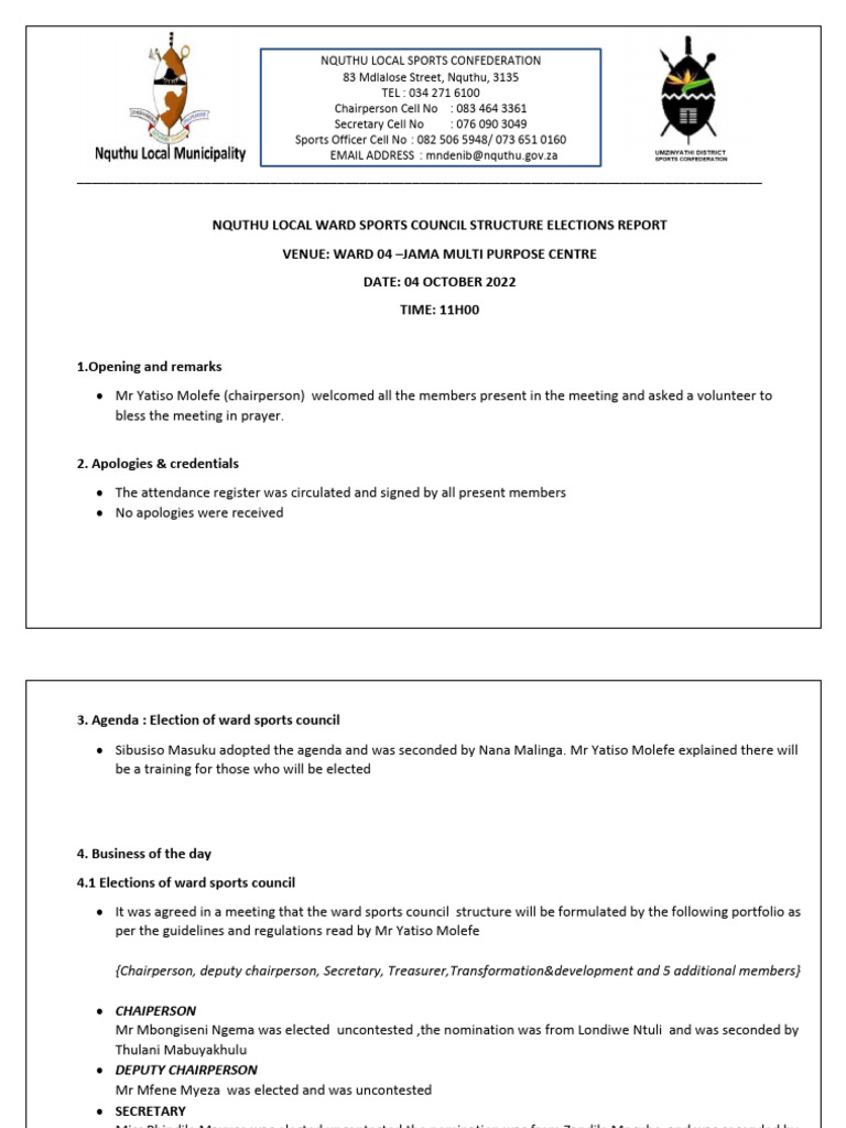 Nquthu Local Sports Ward Council Ward 04 Report | PDF
