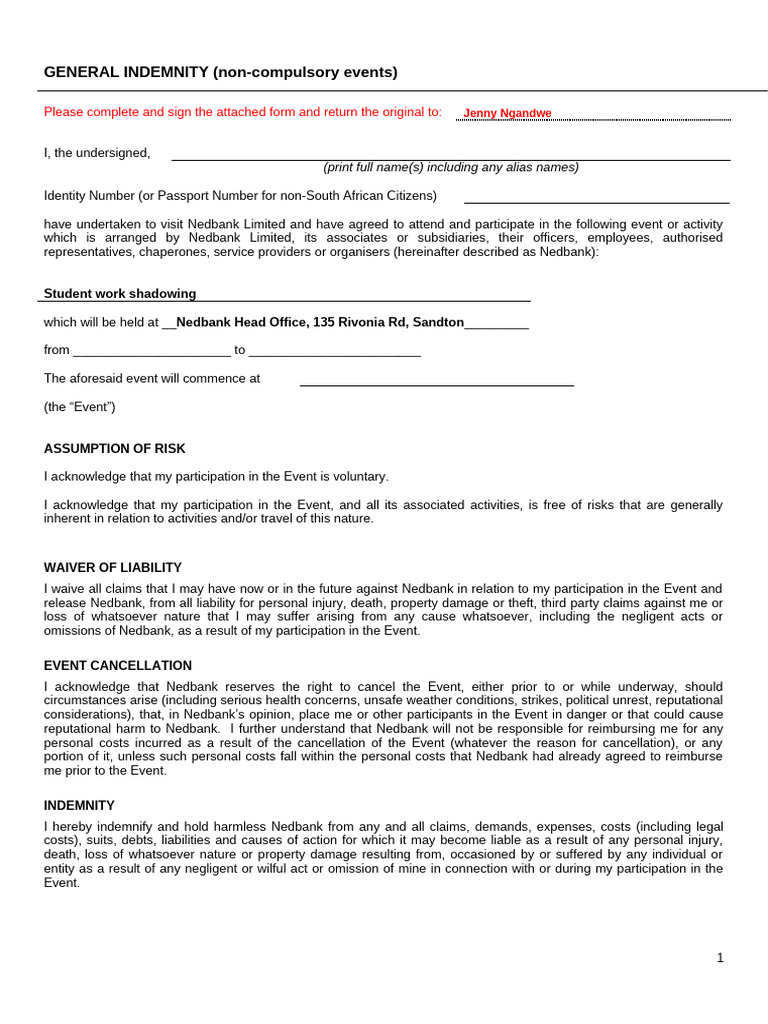 Non-Compulsory Event Indemnity Form | PDF | Indemnity | Private Law