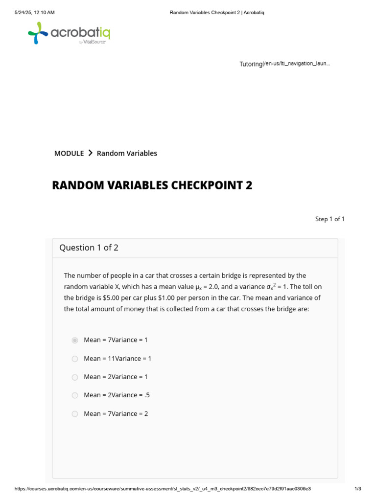 Random Variables Checkpoint 2 - Acrobatiq | PDF | Probability Theory ...