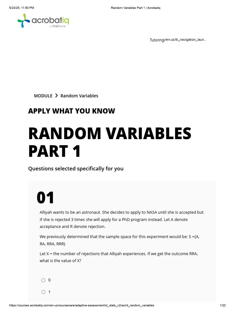 Random Variables Part 1 - Acrobatiq | PDF | Variance | Mean