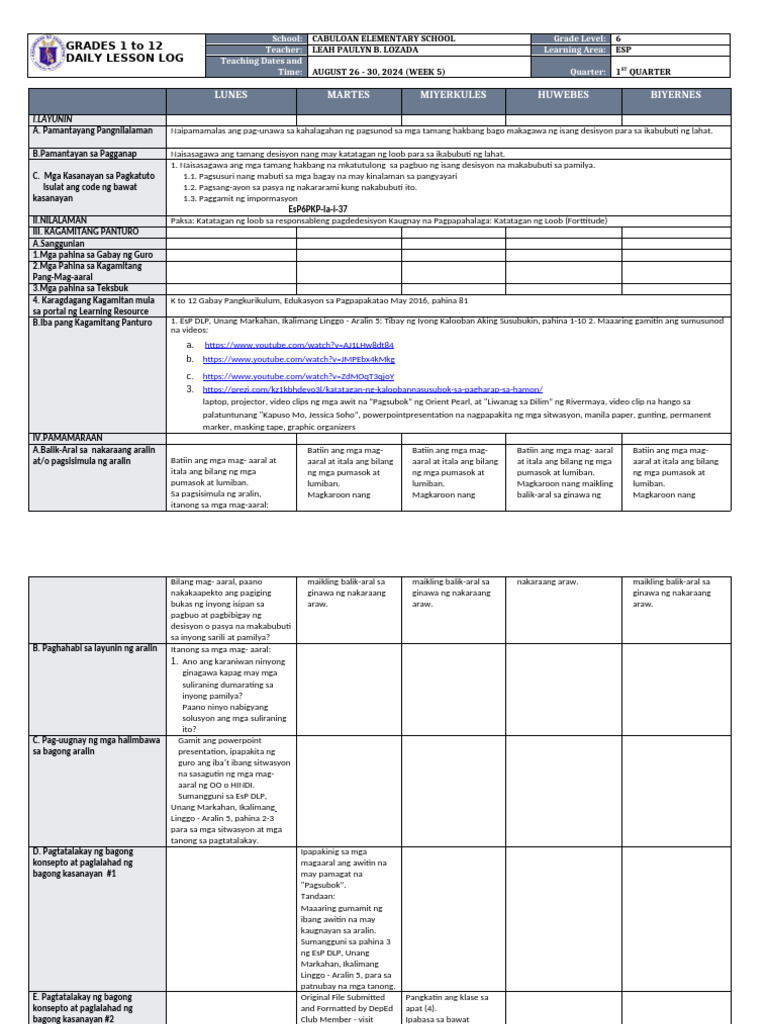 DLL - Esp 6 - Q1 - W5 | PDF