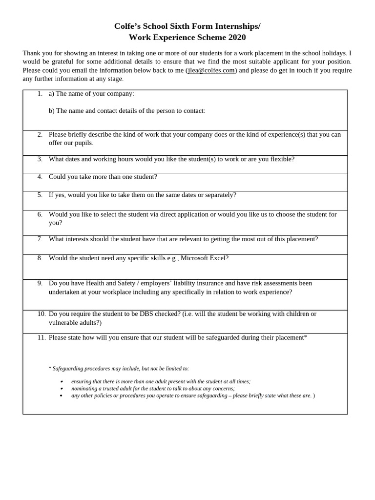 3 Work Experience Placement Form FINAL | PDF