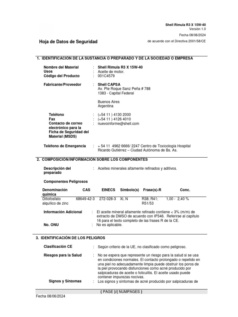 1 MSDS Aceite de Motor 15w-40 Diesel SHELL | PDF | Residuos | Guante