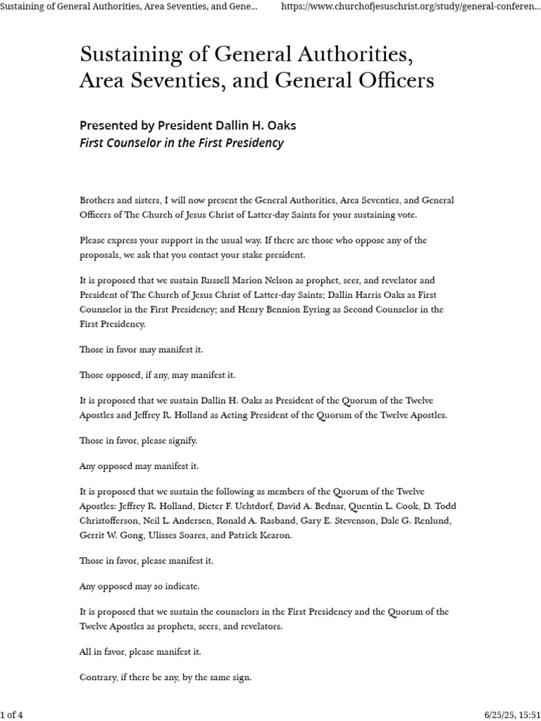 Sustaining of General Authorities, Area Seventies, and General Officers ...