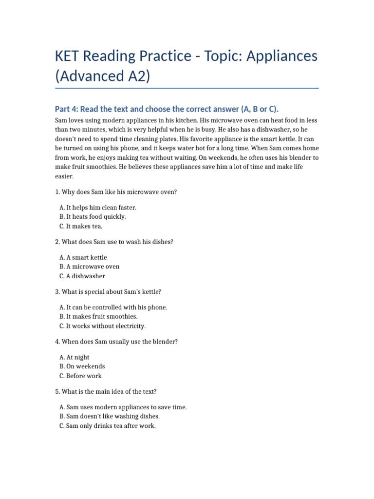 KET Reading: Kitchen Appliances Quiz | PDF