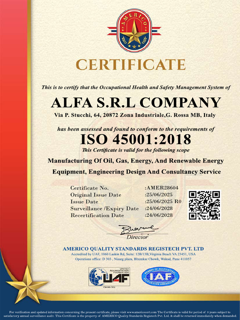 UAF Americo-IsO 45001-ALFA S.R.L Company | PDF
