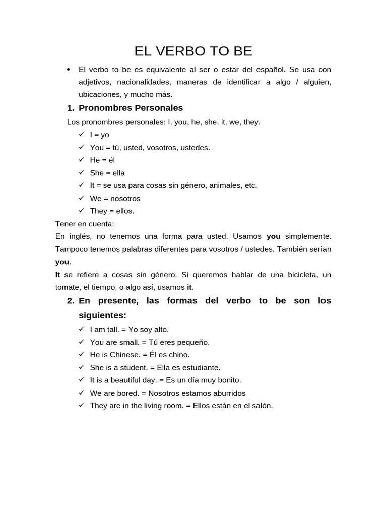 Guía Completa del Verbo To Be | PDF