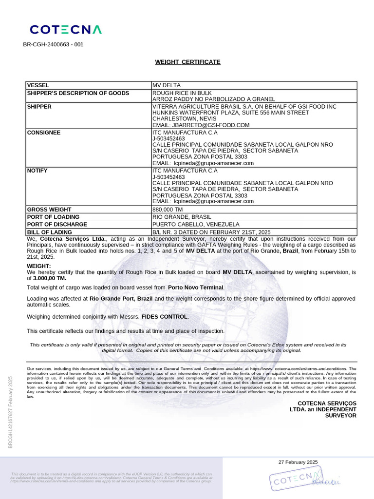 Certs - BL 03 - BR-ITC - MV DELTA - Paddy Rice - Viterra | PDF ...