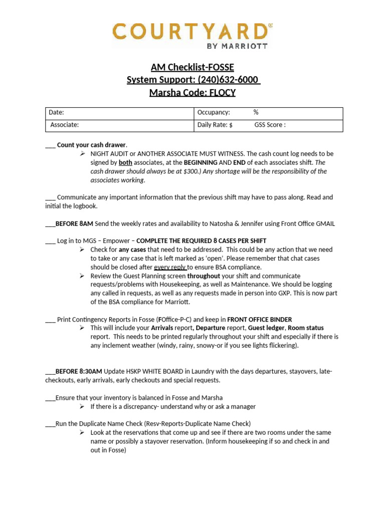 Courtyard - Am FD Checklist | PDF