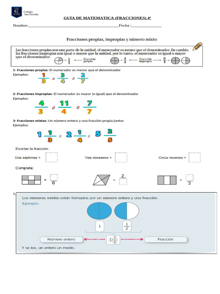 Ejemplos de Fracciones Mixtas para Primaria | PDF