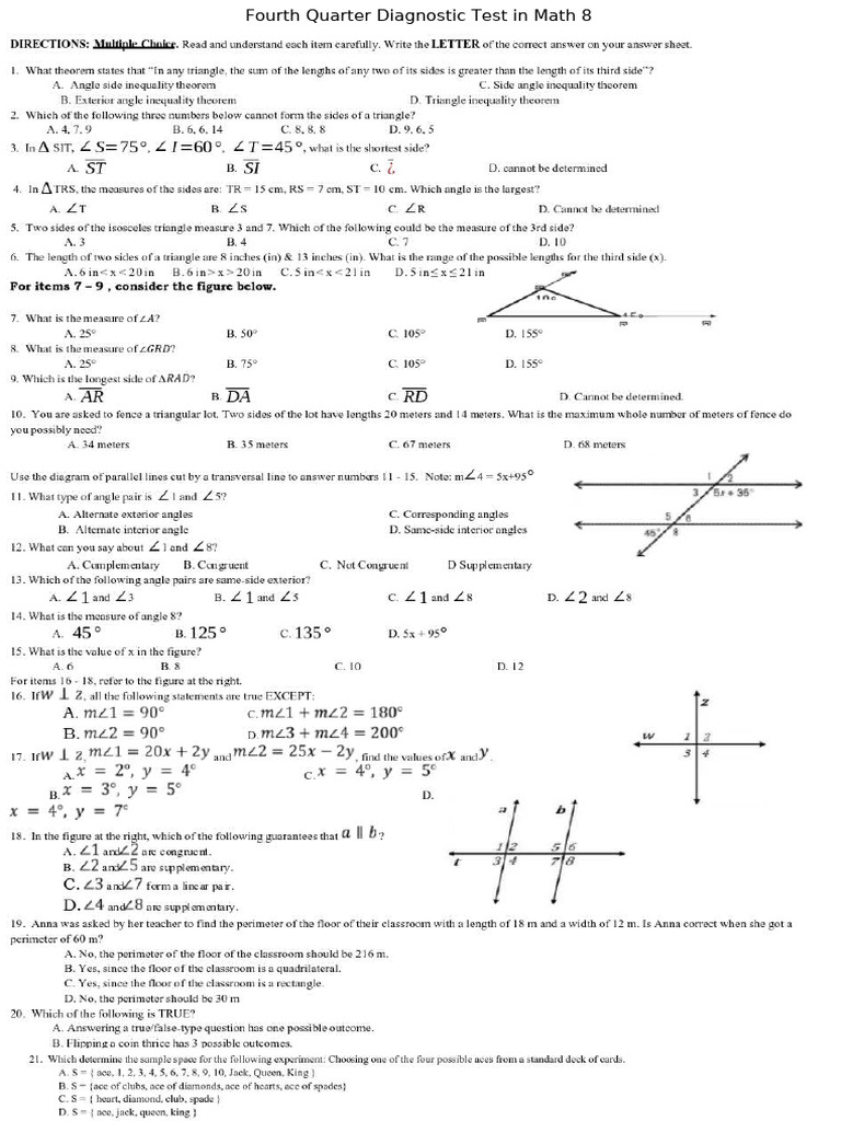 Diagnostic Test Math 8 Q4 | PDF