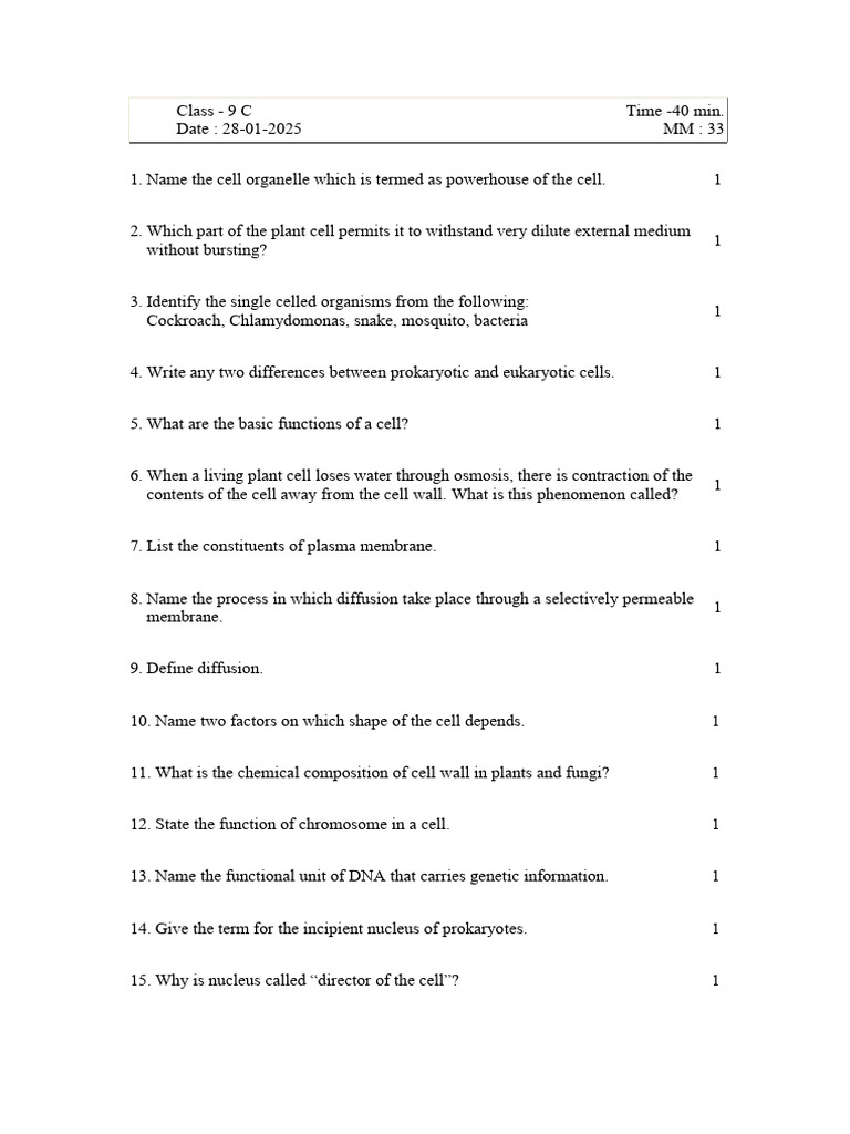 Cell Worksheet Class 9th | PDF | Cell (Biology) | Organelle