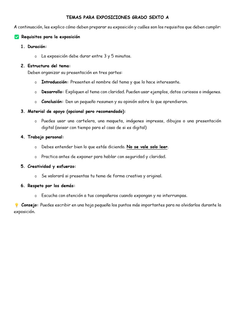 Temas para Exposiciones Grado Sexto A | PDF